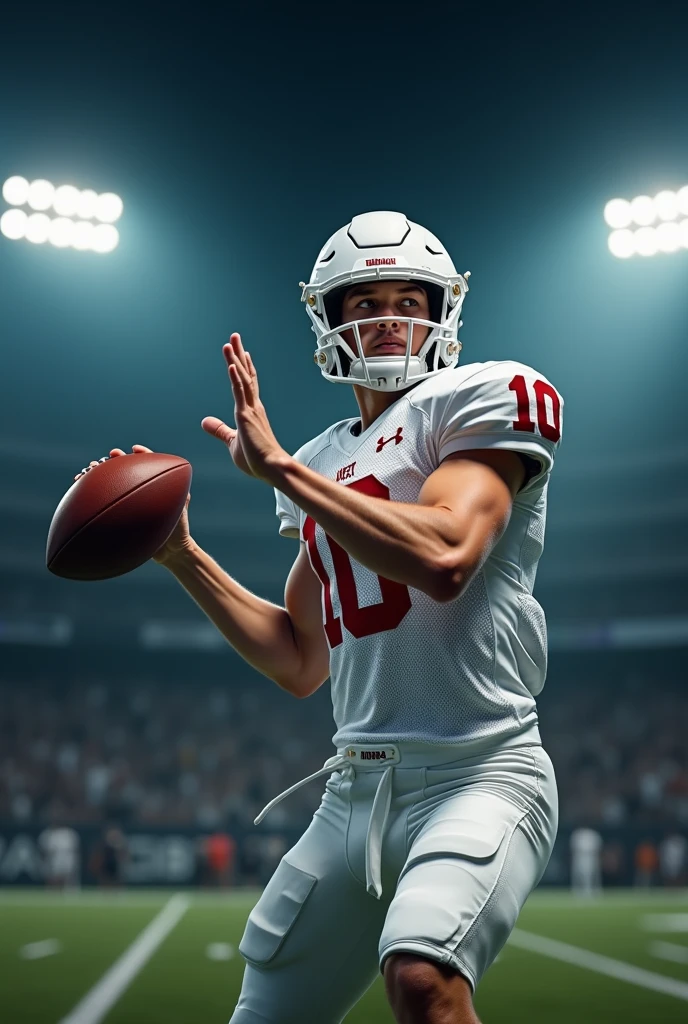 Make a photo realistic picture of a white quarterback in high school ...