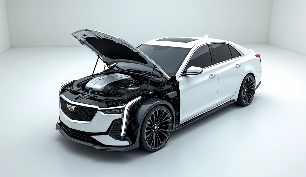 "A luxury car's 2025 Cadillac CT5 white engine bay displayed in a spotless whit - SeaArt AI