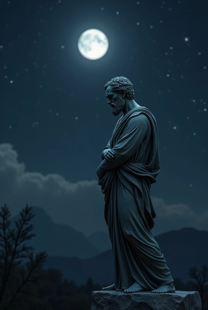 A Greek philosopher style Greek sculpture in the middle of the night ...