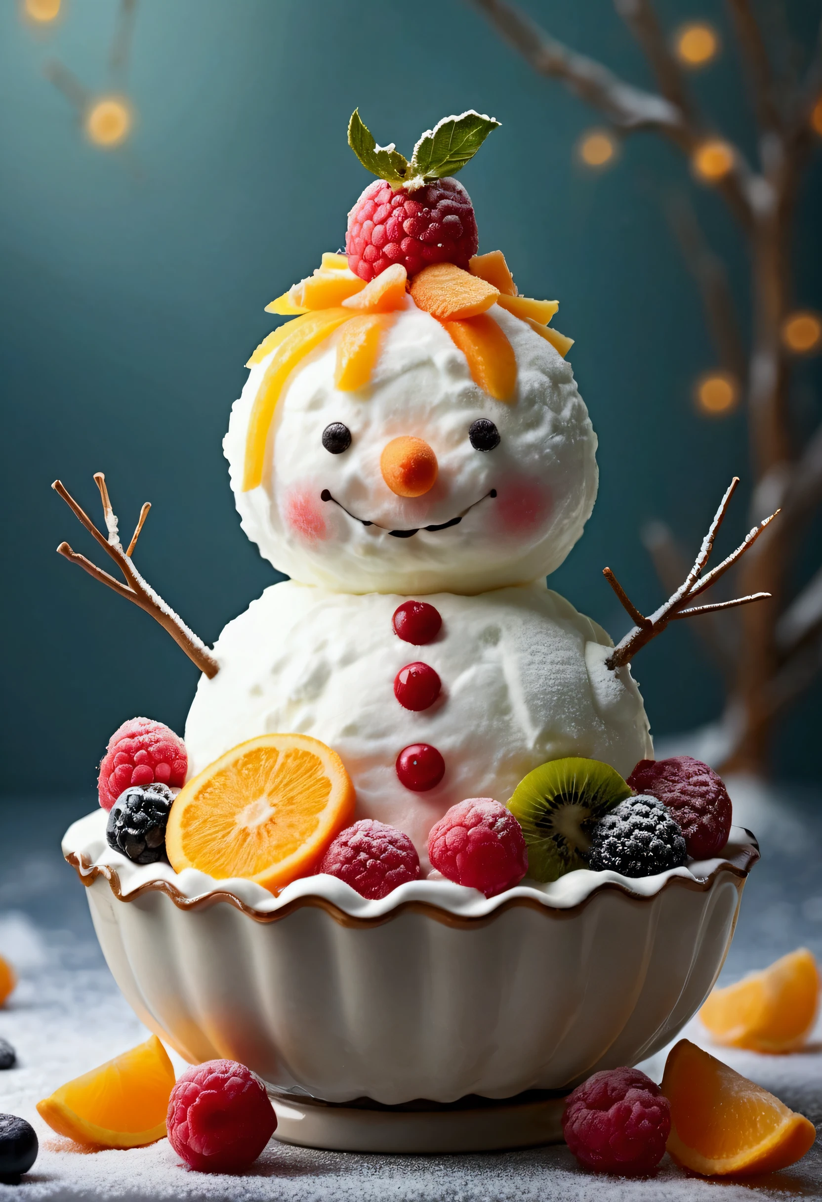There is a snowman made of fruit and whipped cream in a bowl - SeaArt AI