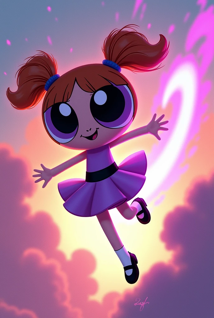 Comic: Powerpuff Girl with messy brown ponytail, lilac eyes, lilac ...