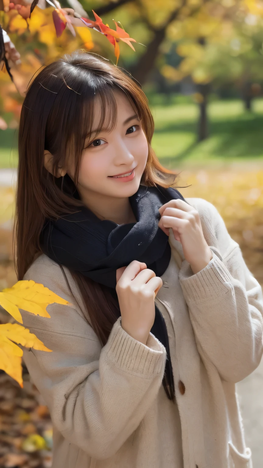 Arafed asian woman in a beige sweater and black scarf - SeaArt AI