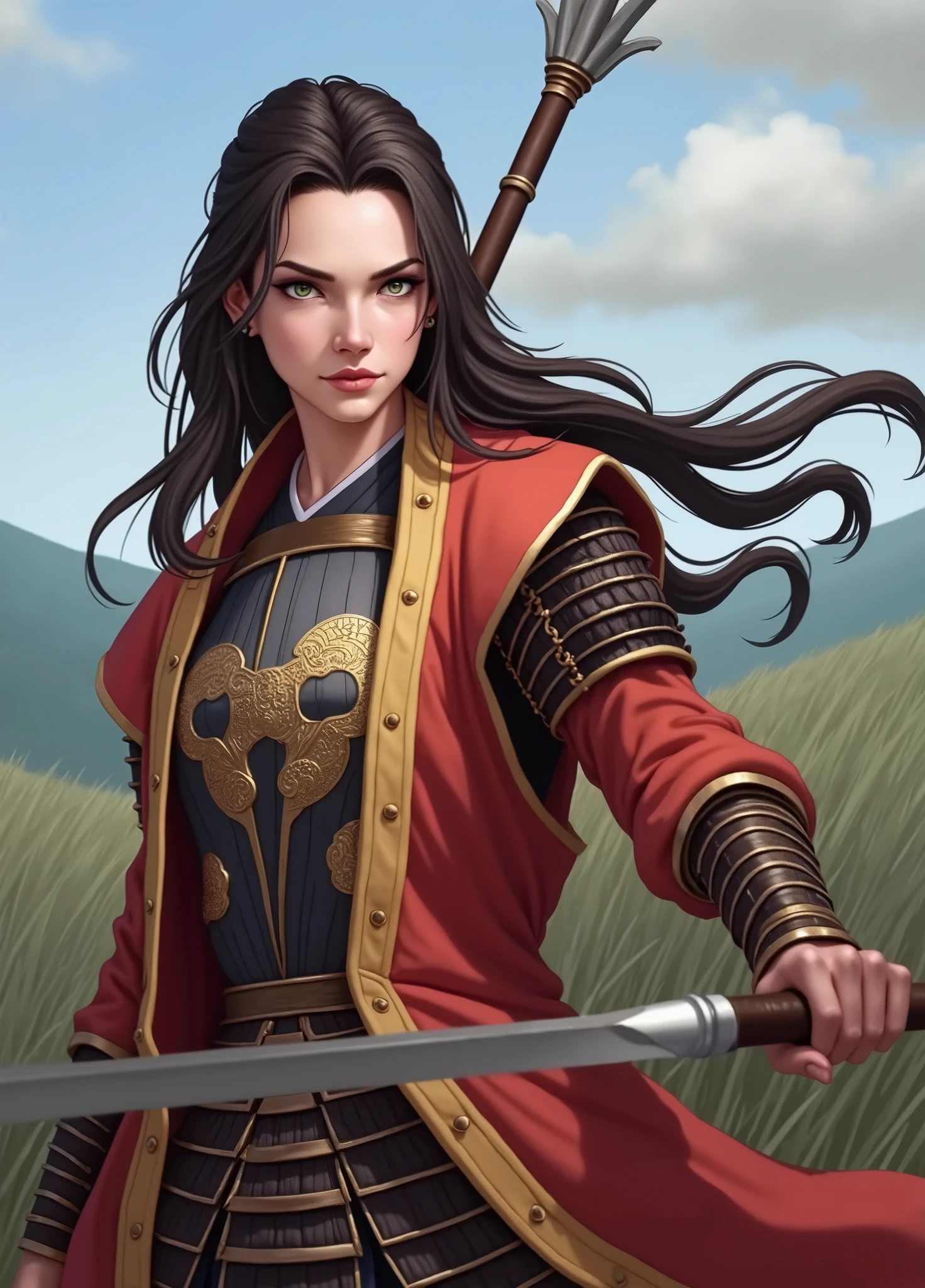 A close up of a woman in a red coat holding a sword - SeaArt AI