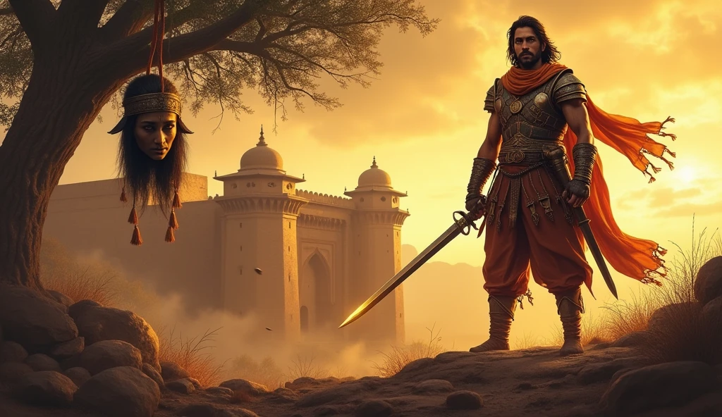 A dramatic scene showing a brave young Rajput warrior (Udal) standing ...