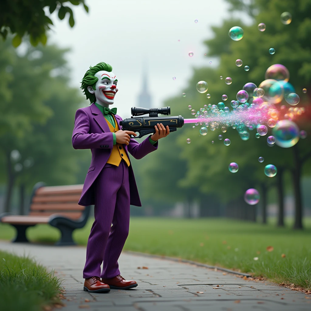 joker stands on a paved path, joyfully firing a large, futuristic ...