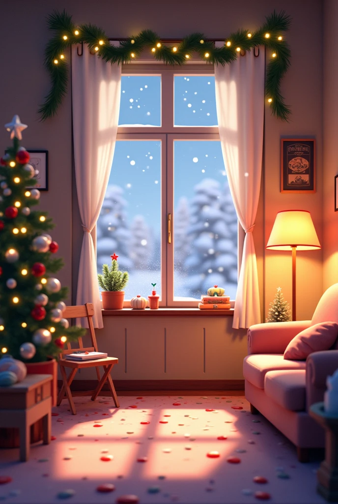 Please make the apartment room decoration animated and on the window it ...