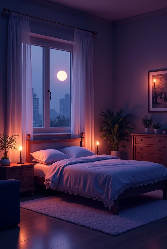 Please make a purple animated apartment bedroom background at night ...