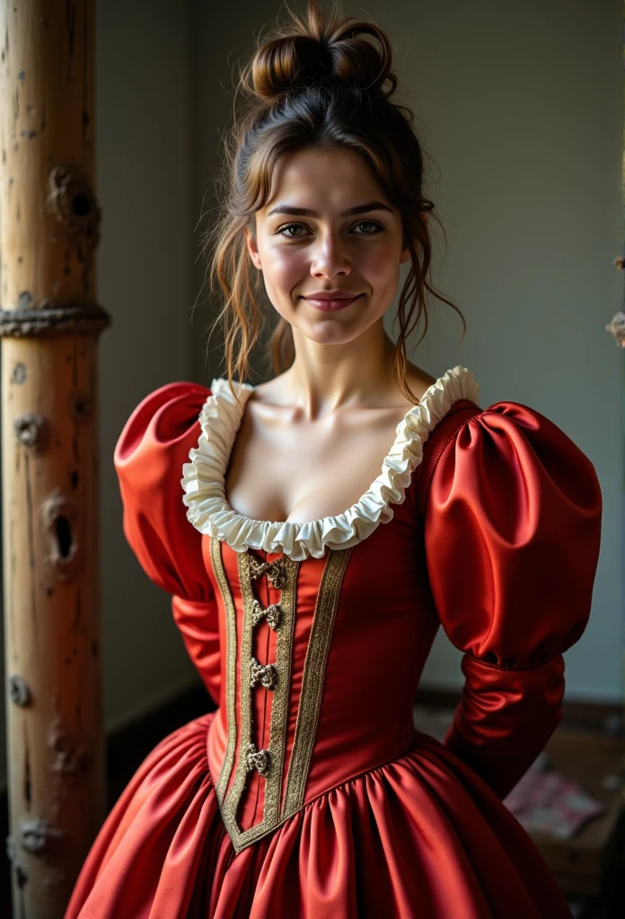 (realistic photograph close up cheerful historical), (a pleased ...