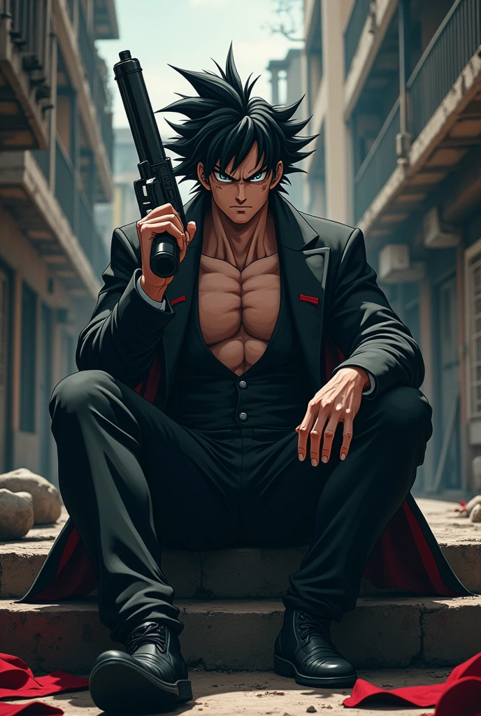 Gangster Goku. *Holding a gun, sitting next to a neighborhood - SeaArt AI