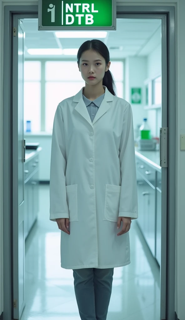 Korean girl in lab dress standing in front of lab door wide angle patch ...