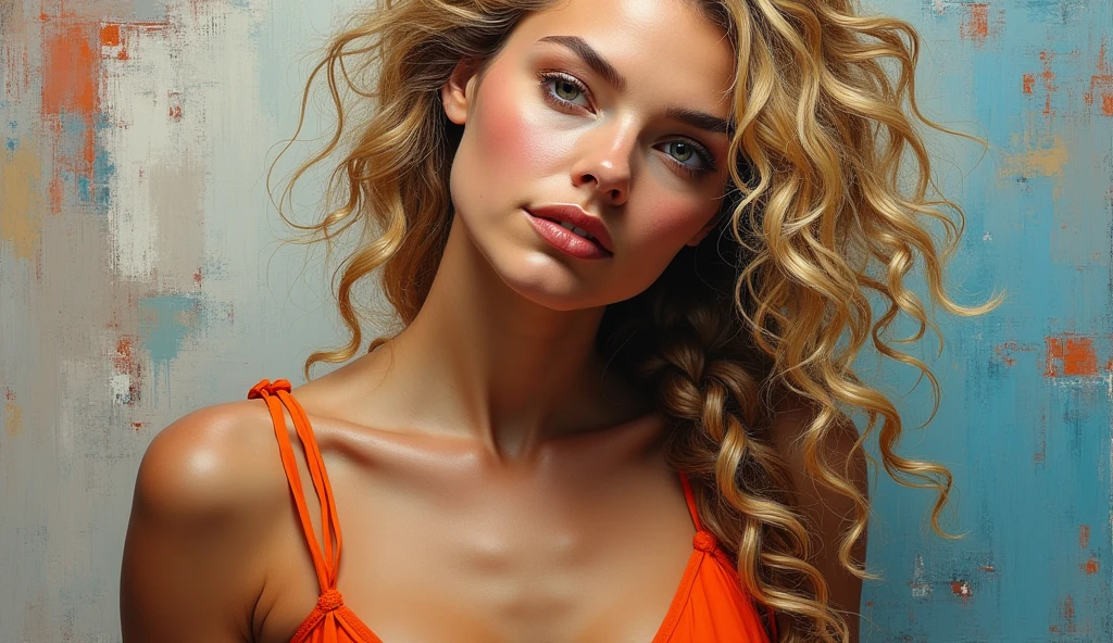 oil portrait of extremely beautiful women with curly blonde hair and ...