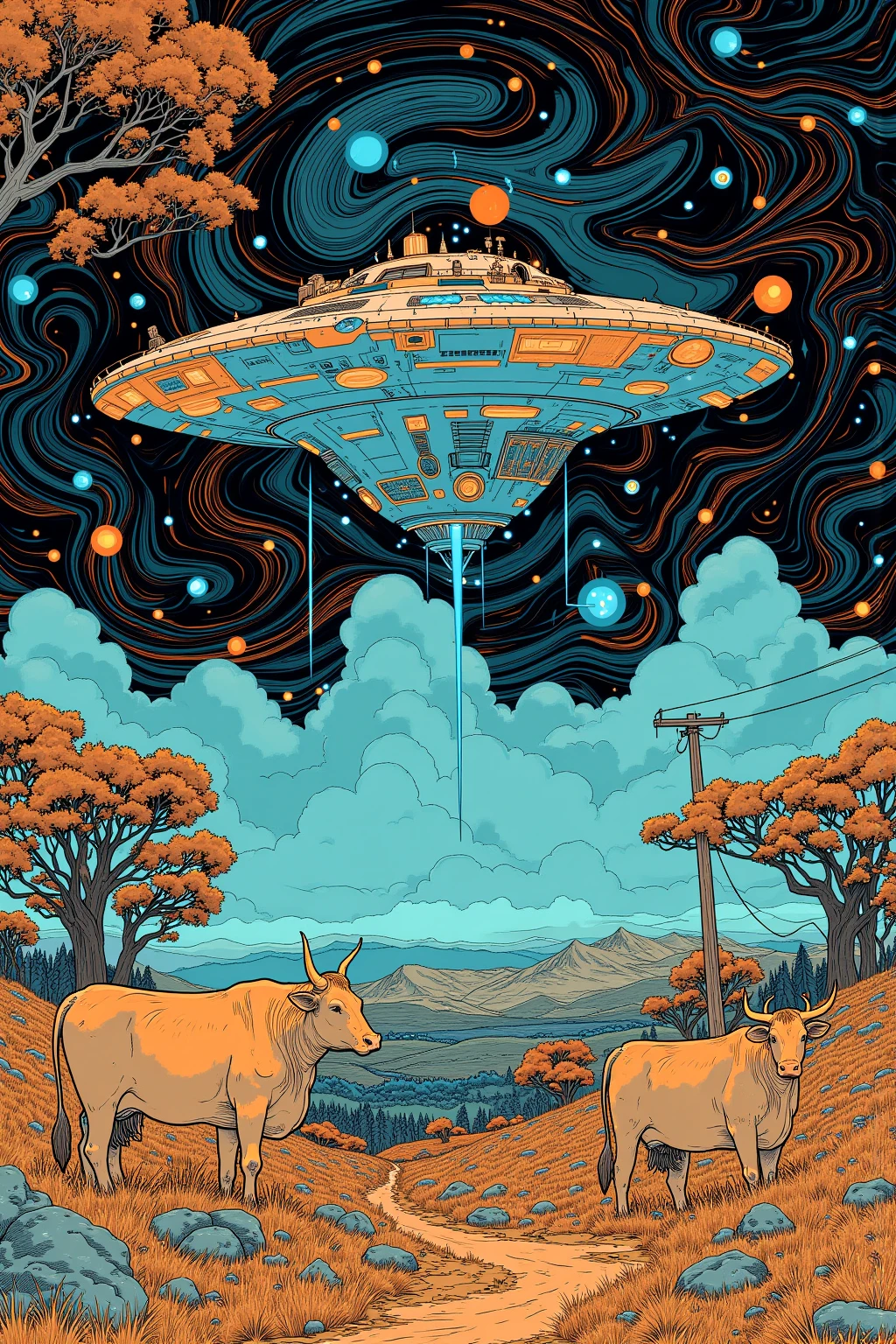 Cows in front of a flying saucer、Ranch、 psychedelic、 Space LSD Poster ...