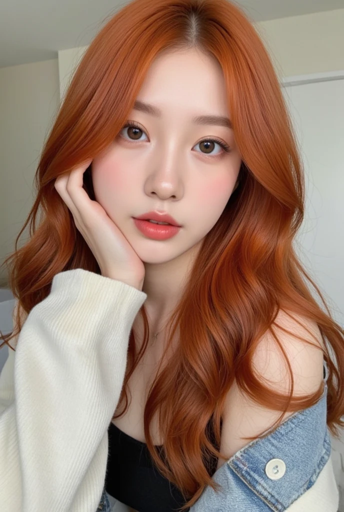 There a woman with long red hair posing for a picture, she has long redorange ha - SeaArt AI