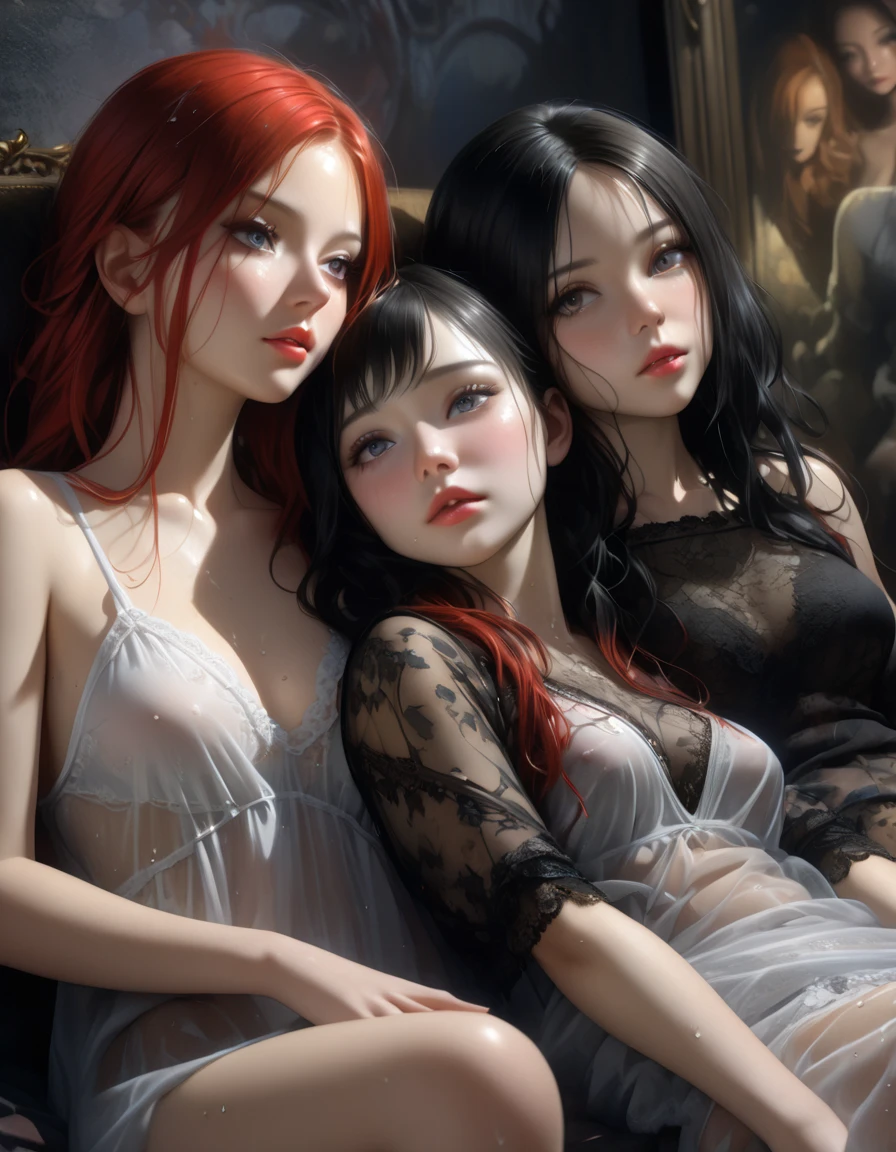 2womens,3mens,undress,sit at sofa,mangwha - SeaArt AI