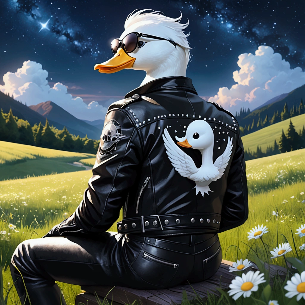 Closeup, Starry night, an extremely badass anthropomorphic white duck ...