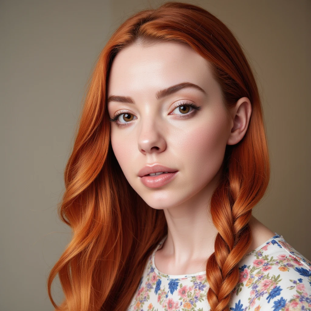 A close up of a woman with red hair and a flowered shirt, orange ...