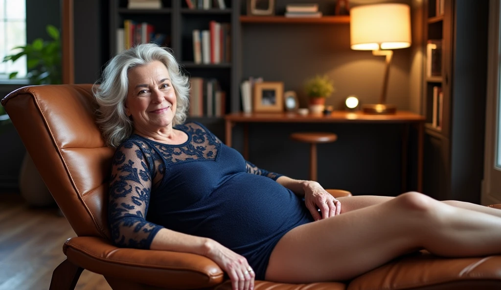 Mature woman, about 70 years old, reclining casually on a leather ...