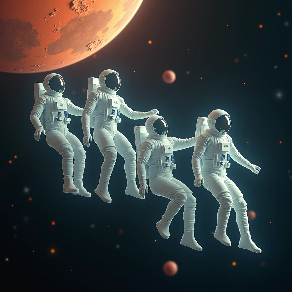 Several transparent astronaut spirits floating in the orbit of Mars ...