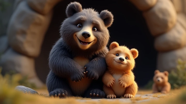 A charmingly endearing bear family, the bear cub exudes joy while the ...