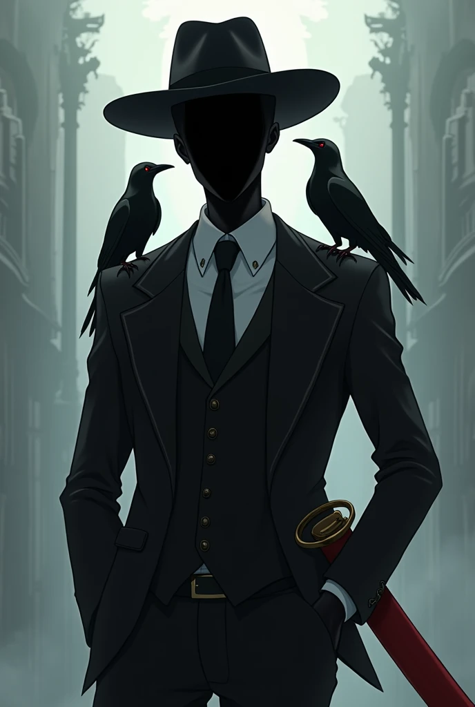 Create an image of a tall male anime character wearing a black cowboy ...