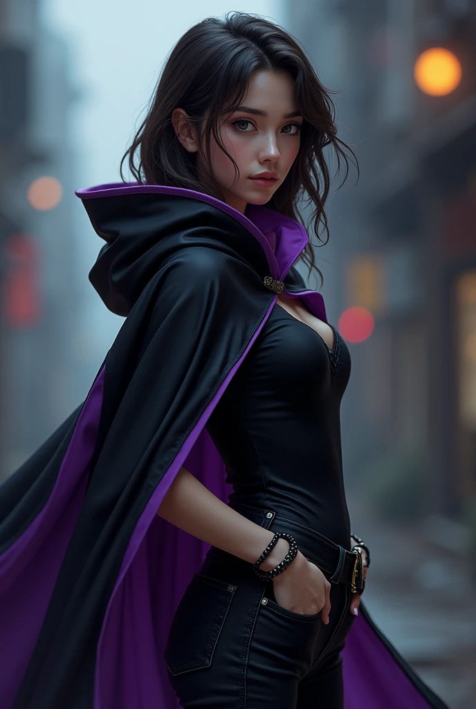 Girl with dark leather, fallen almond eyes dark brown, dark brown hair ...