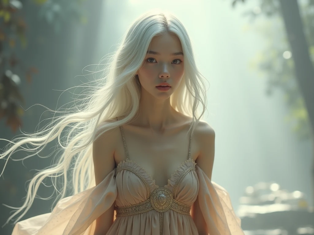 A girl with long white hair in a beautiful mocha mousse dress - SeaArt AI