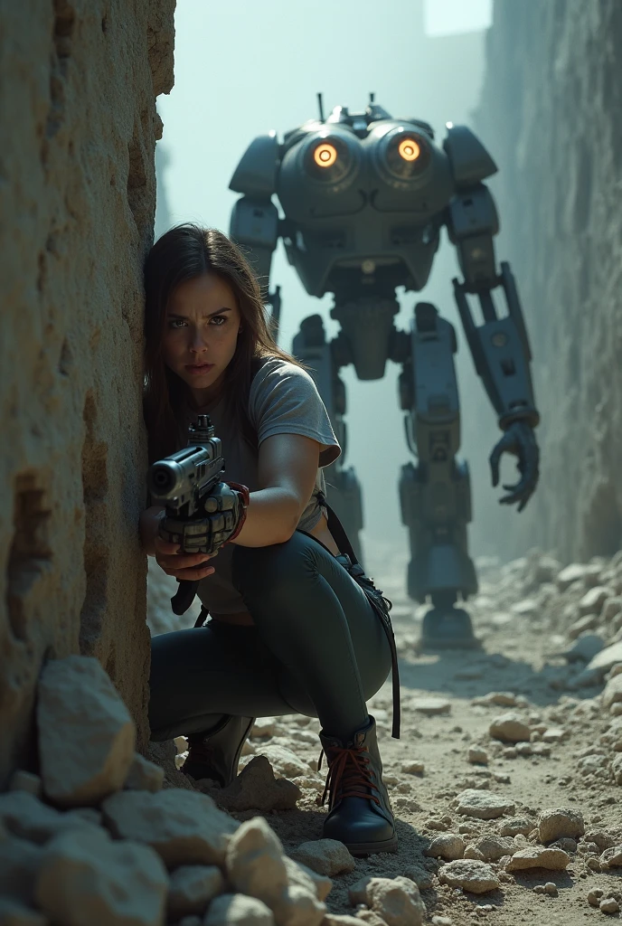 A woman with a gun hides behind a destroyed wall from a dangerous robot ...