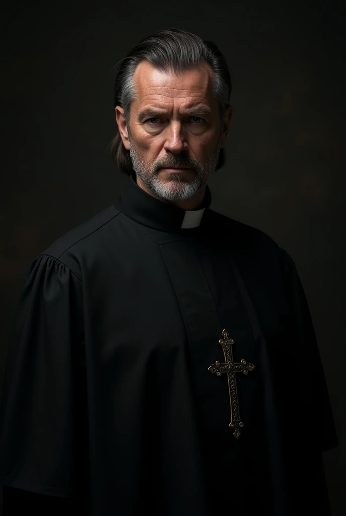 A priest dressed in black with his hair rubbed back - SeaArt AI