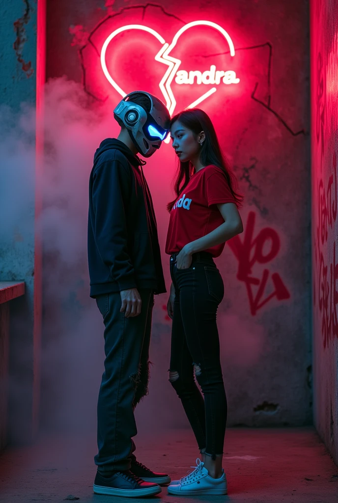 Photography Couple , cracked wall displaying a glowing red neon heart ...