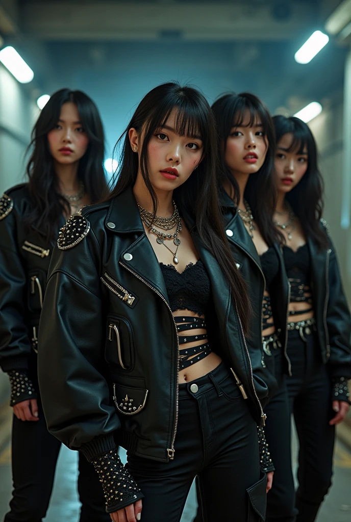 Kpop girl group, rock concept, 4 members, cool, unique - SeaArt AI