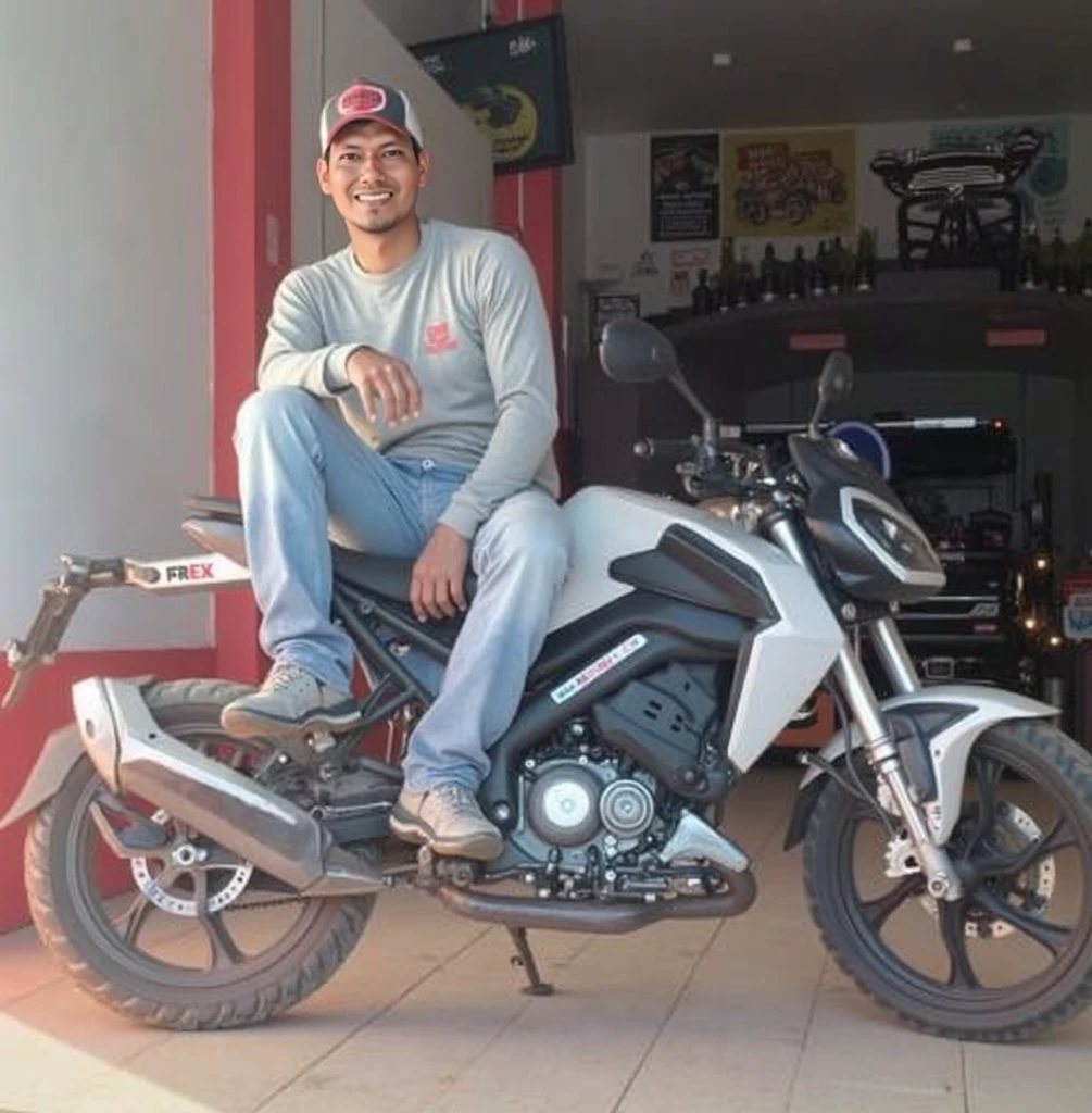 Make as if you were climbing into the sky with your work tools to fix motorcycle - SeaArt AI