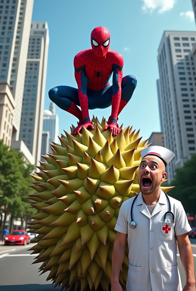 "Design a surreal and comedic image featuring Spider-Man crouched ...