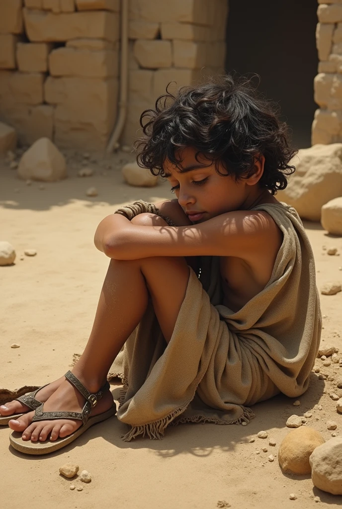 A ancient Hebrew boy, thin and slightly malnourished, with dark curly ...