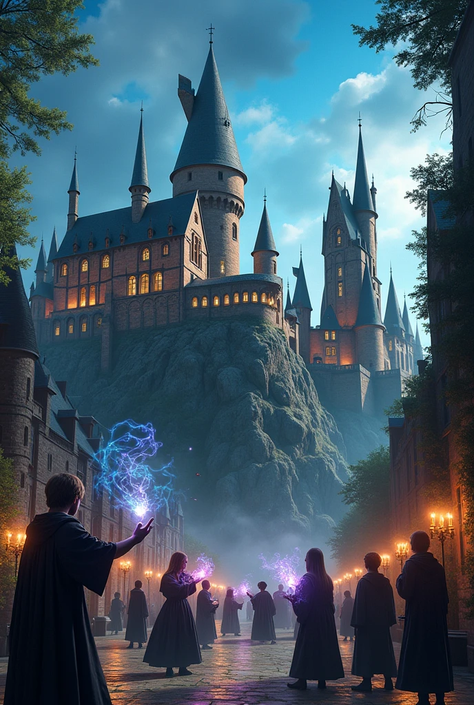drawing of Hogwarts with wizards, make it powerful - SeaArt AI