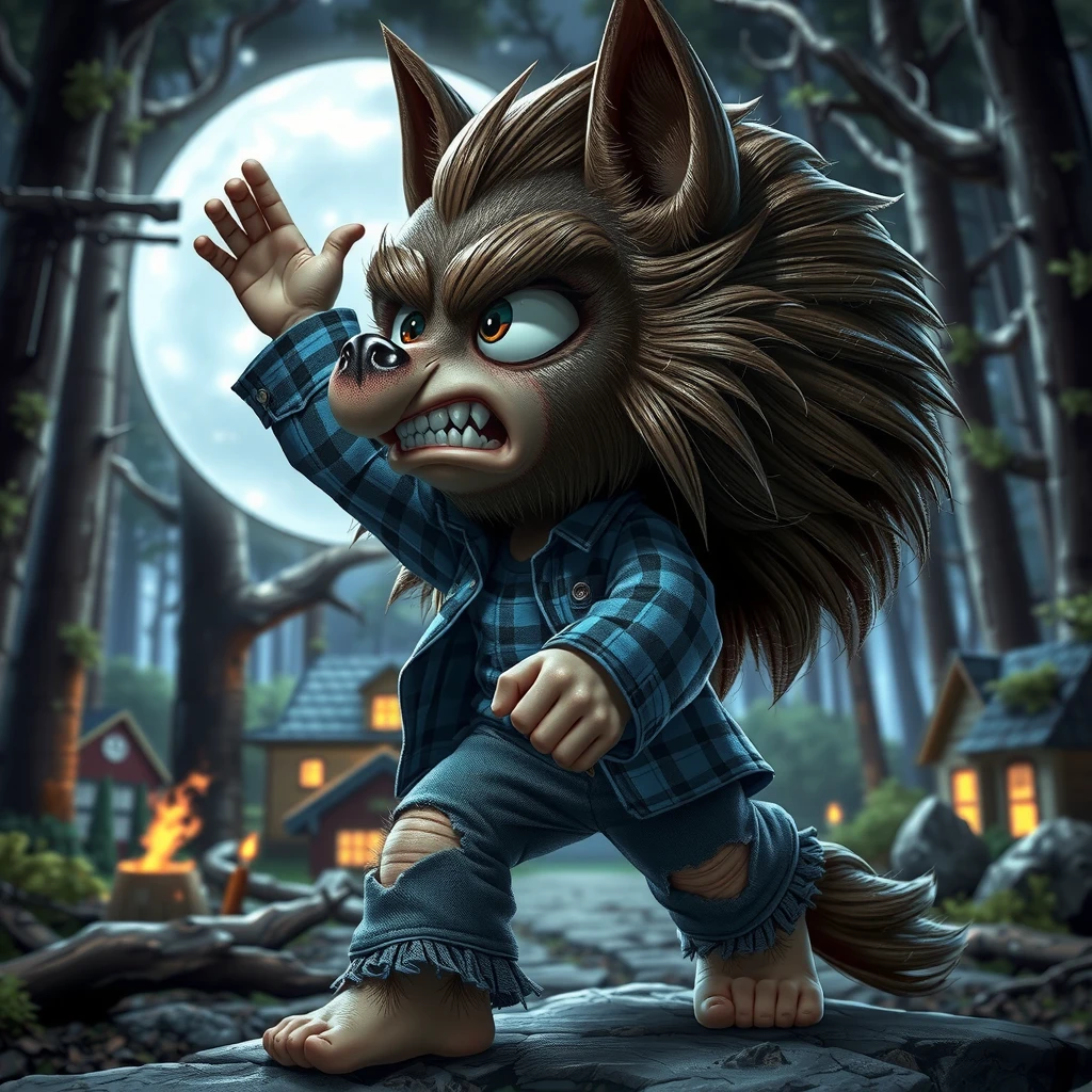 A chibi style werewolf, with a very large, hairy head with a shiny ...