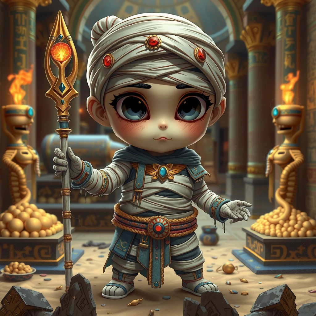 Lateral view of a chibi style mummy, with a very big head half bandaged ...