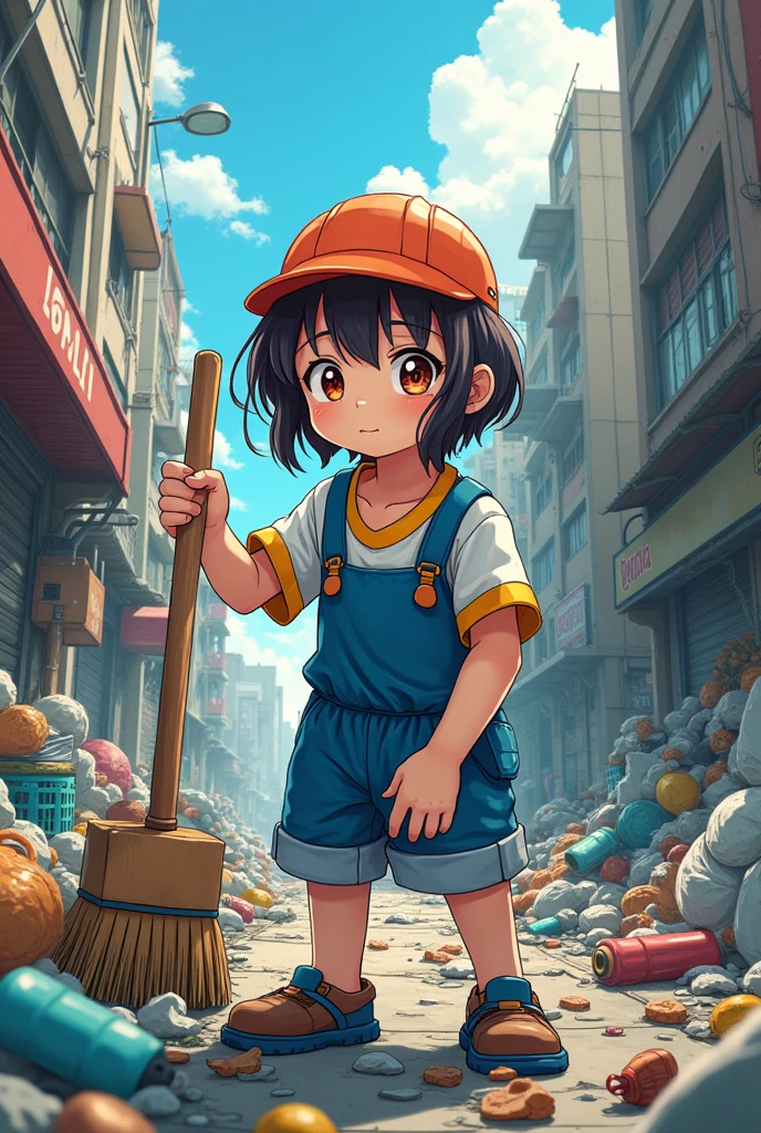 Municipal cleaning scavenger anime character look around with broom in ...