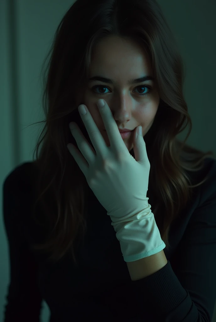 Beautiful girl, (behind stiff,skin tight surgical glove),(hand over ...