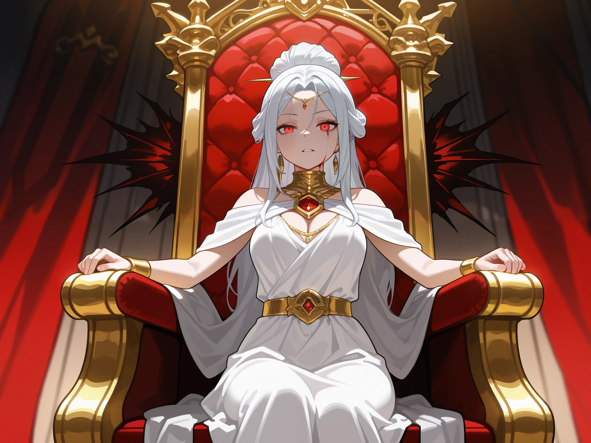 Anime - style image of a woman sitting on a throne with her hands in ...