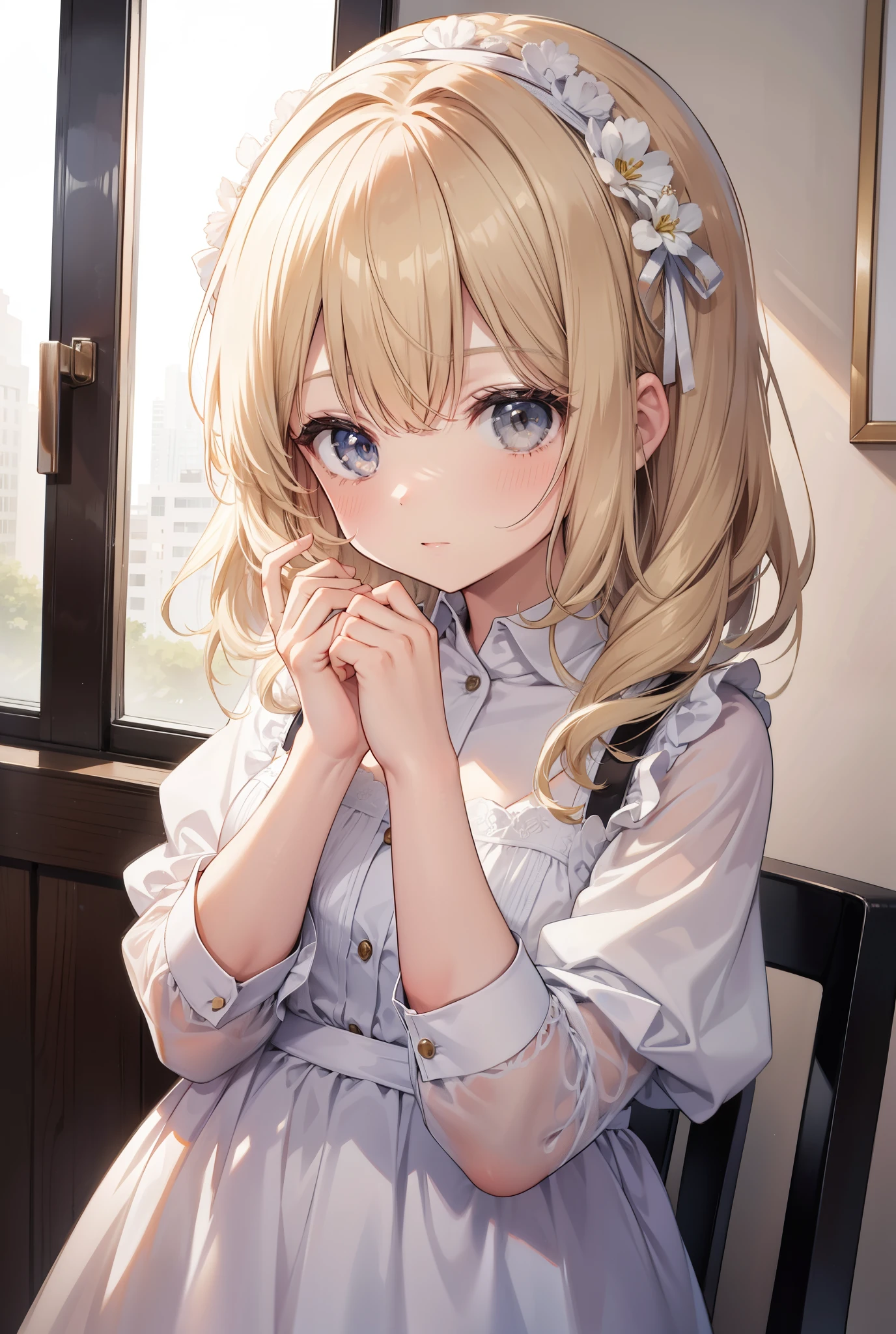 Anime girl with blonde hair and blue eyes sitting in a chair - SeaArt AI