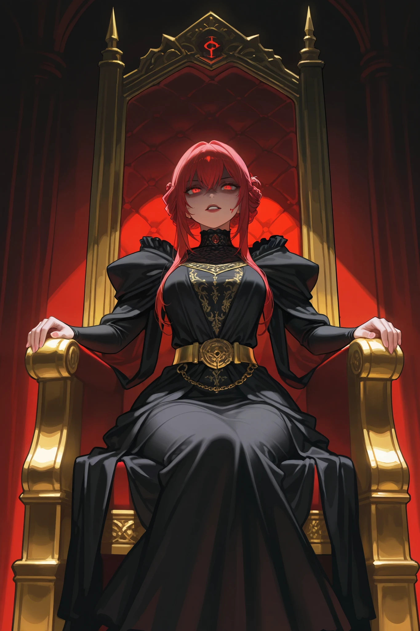 Anime - style image of a woman sitting on a throne with red hair ...