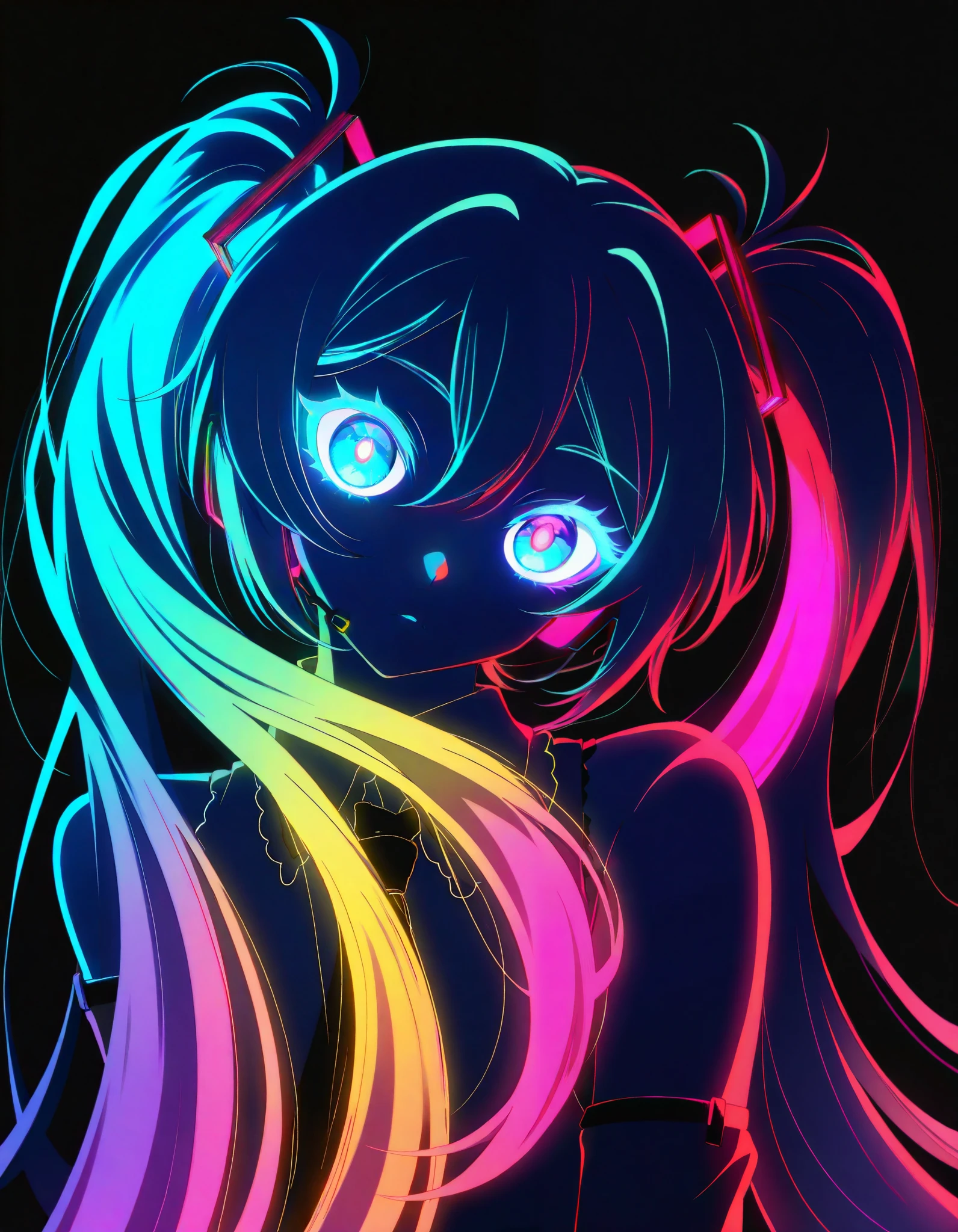 Artist:, Hatsune Miku, limited palette, black background, colorful ...