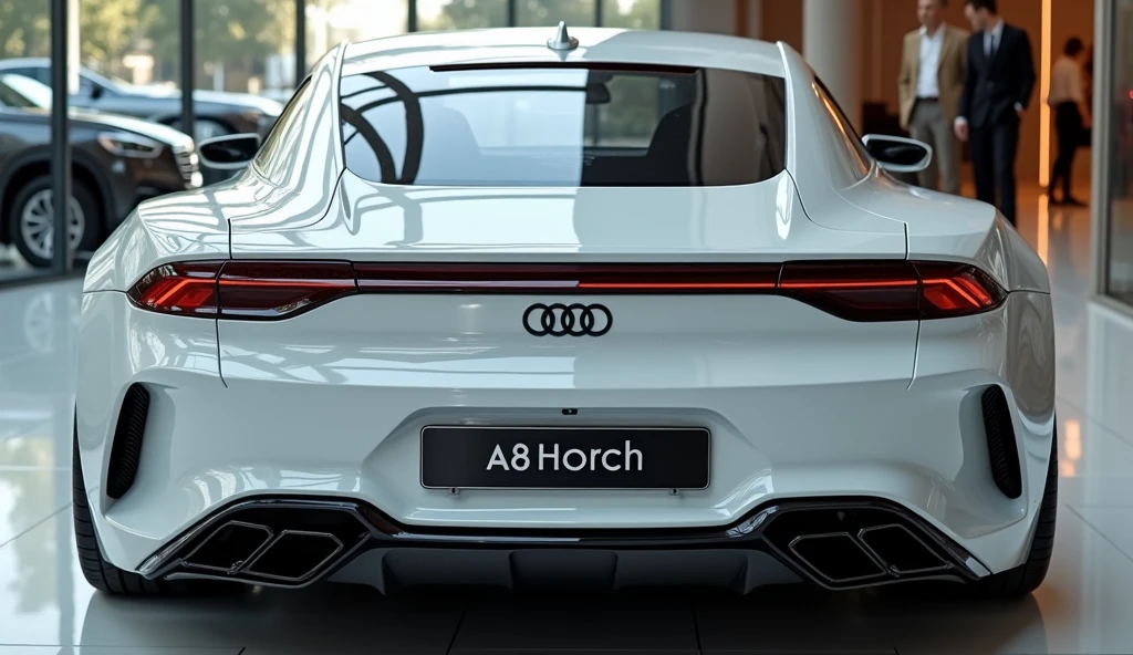 Rear view of painted white with shiny clour 2025 Audi A8 Horch sleek in large sh - SeaArt AI