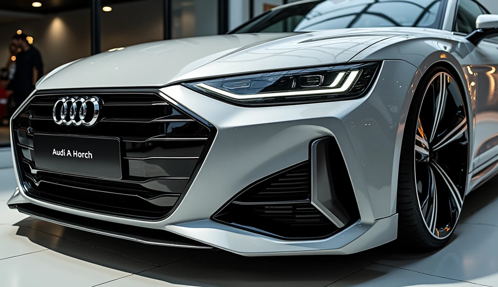 Side front view of painted white with shiny clour 2025 Audi A8 Horch sleek in la - SeaArt AI