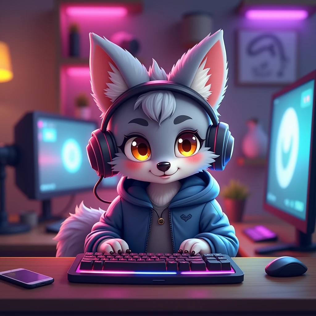 Cute teen furry wolf gamer streamer pc - SeaArt AI