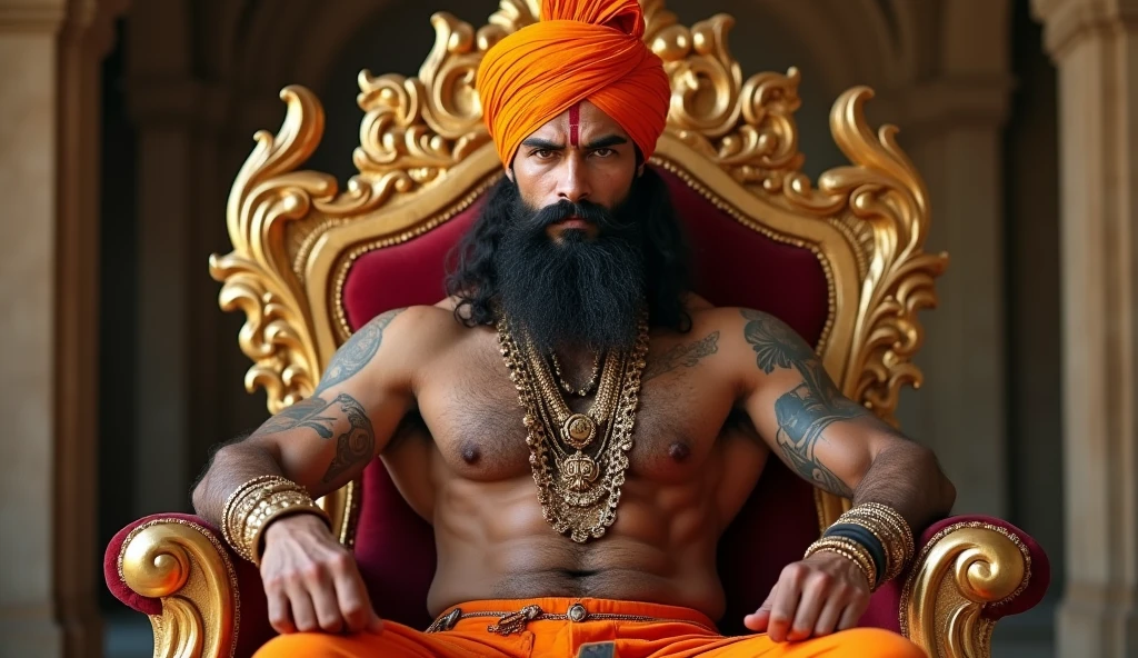 A muscular, royal man, is seated on an ornately carved golden throne in ...