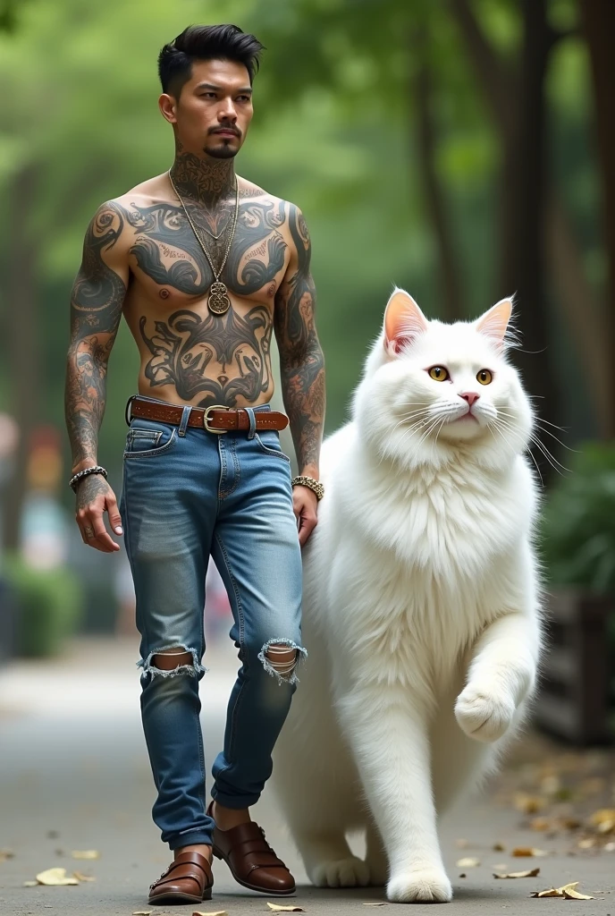Tattooed Asian male walks in casual white ripped blue jean pants walks ...