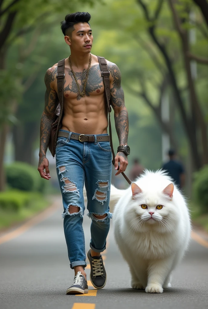Tattooed Asian male walks in casual white ripped blue jean pants walks ...