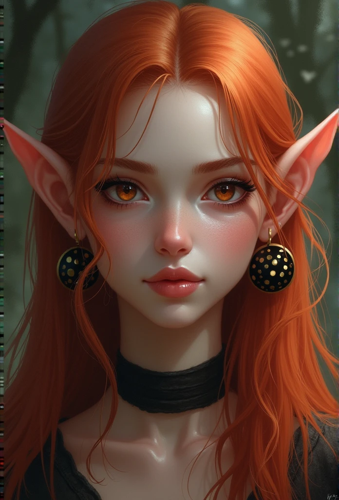 a female elven, big pointed ears , Black polka dot earring on the ear ...