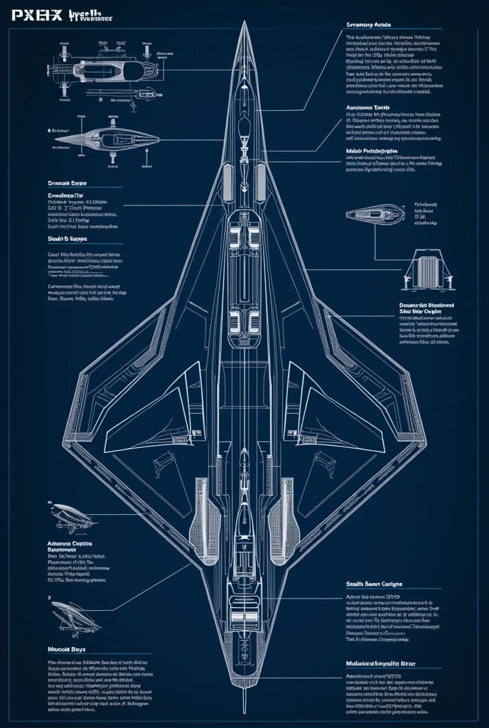 A detailed blueprint-style diagram of a futuristic hypersonic stealth ...